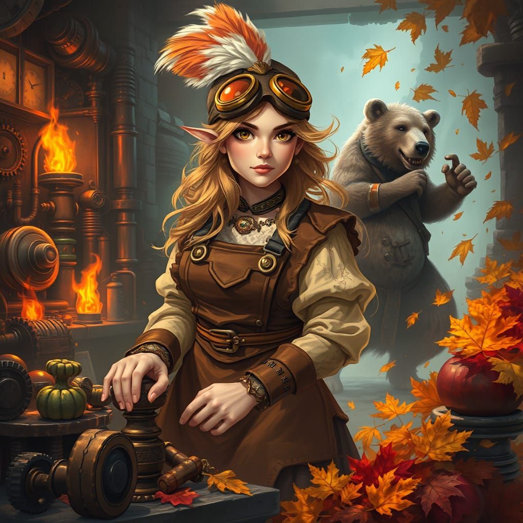 Dwarf Tinkerer in a Blazing Workshop, Close Up - AI Art