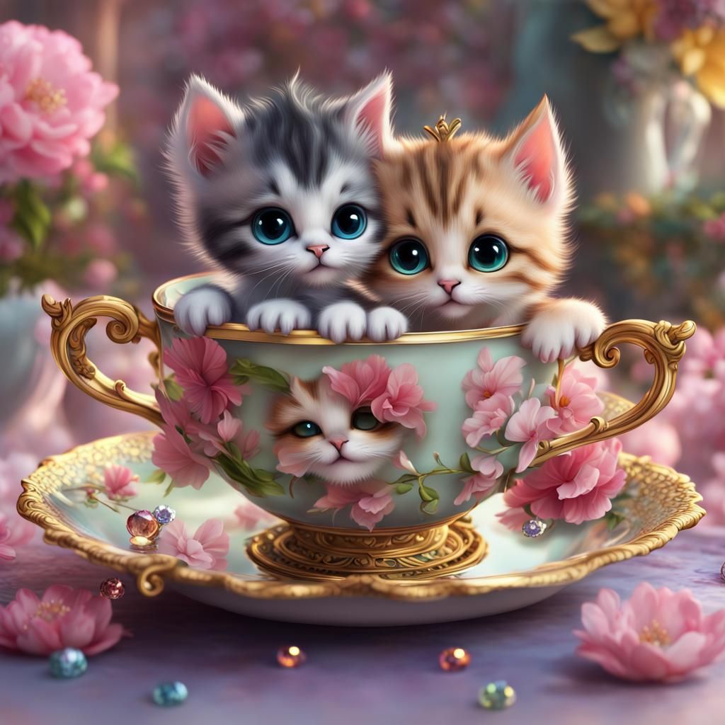 Kittens are sitting in a tea cup. - AI Generated Artwork - NightCafe Creator
