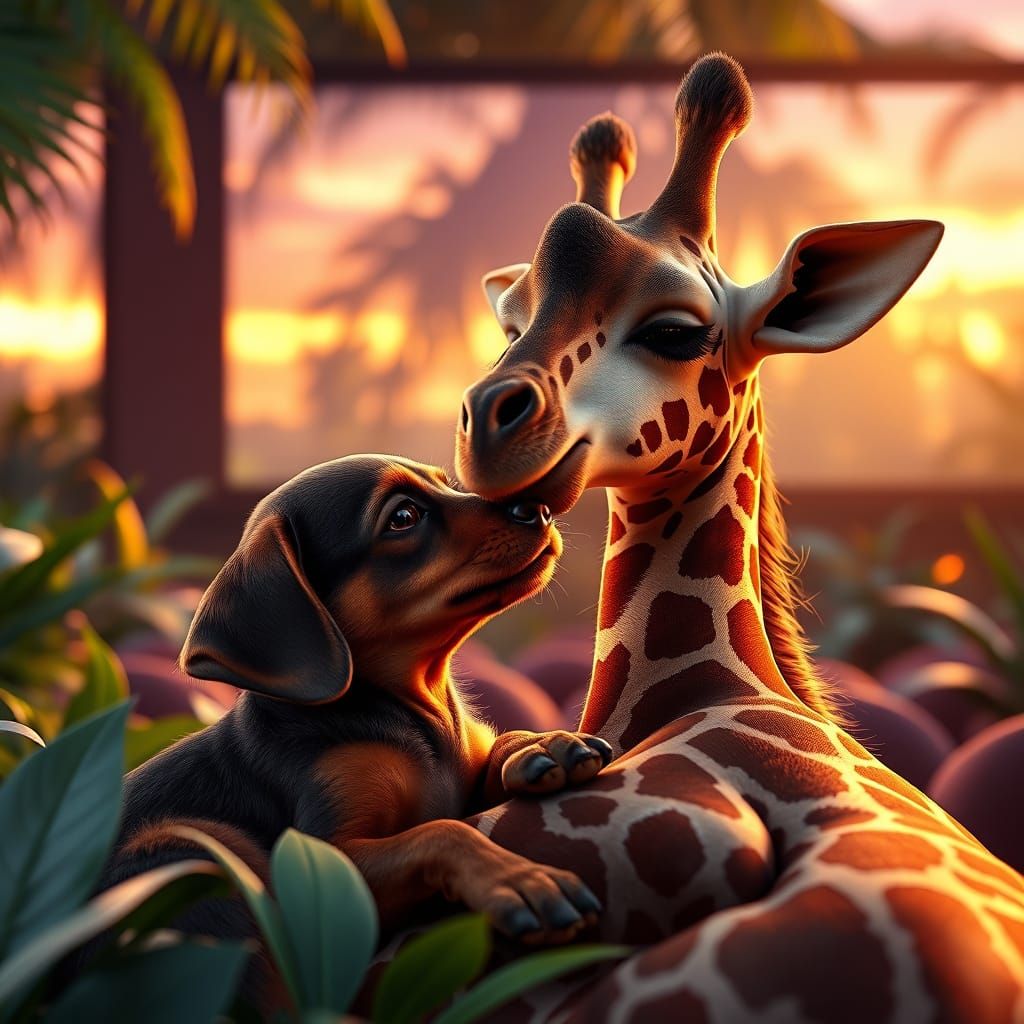 Cartoon style Animal Couples: Dachshund Puppy and his Girlfriend Giraffe