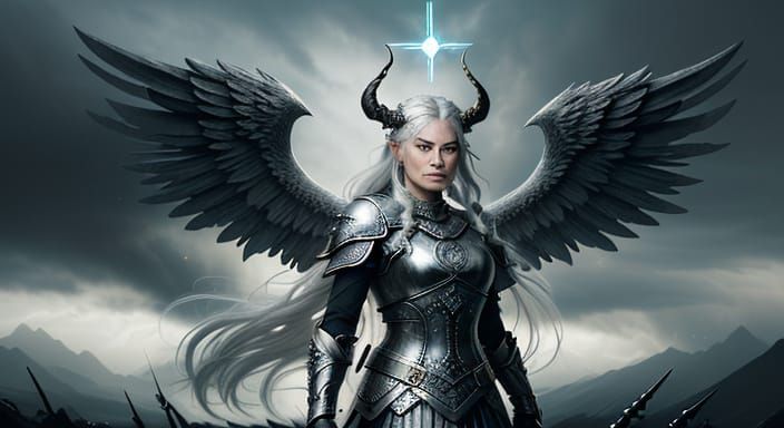 Mystical Viking Valkyrie Soars Through Stormy Skie... - AI Art