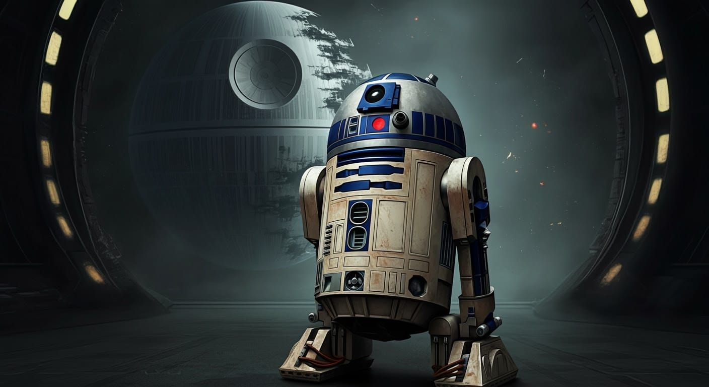 r2d2 in deplorable condition, Death Star in the background