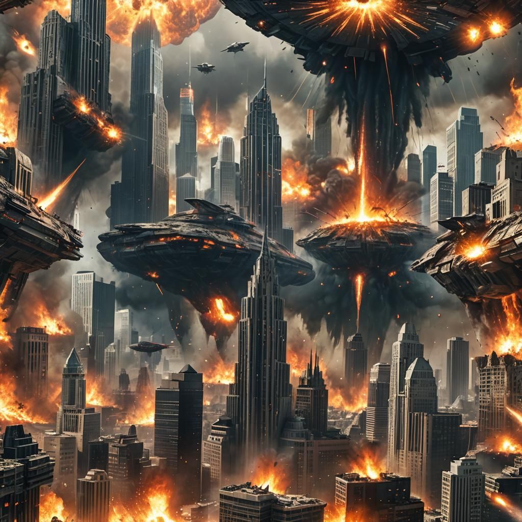 The background is a city with tall buildings. The city is being ...