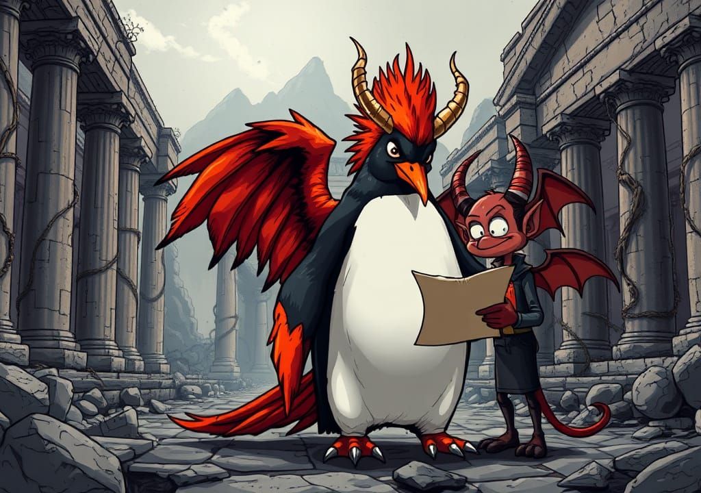 The Devil's Penguin (Variant 1) - Fiery Demonic Penguin Scru...
