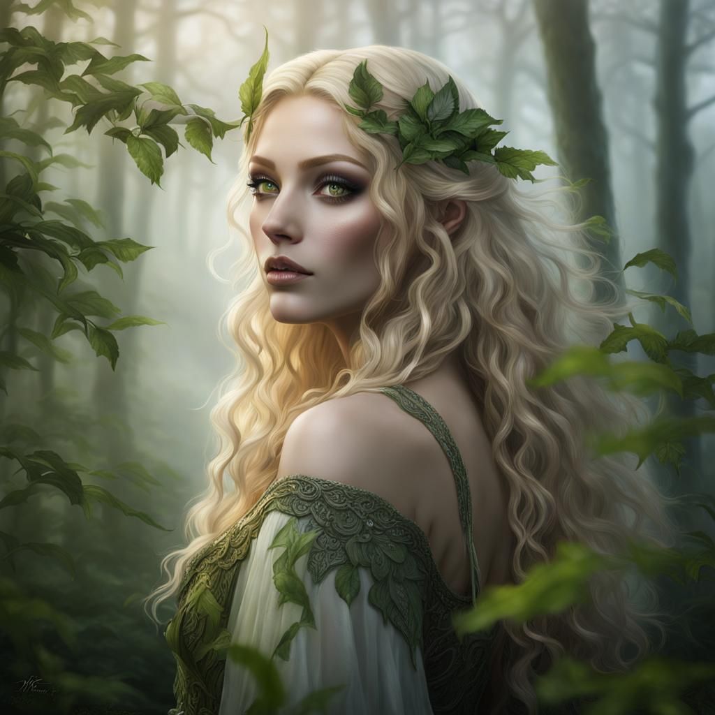 A delicate, young Fae is ( Peering through leaves 1.8), She has (clear ...