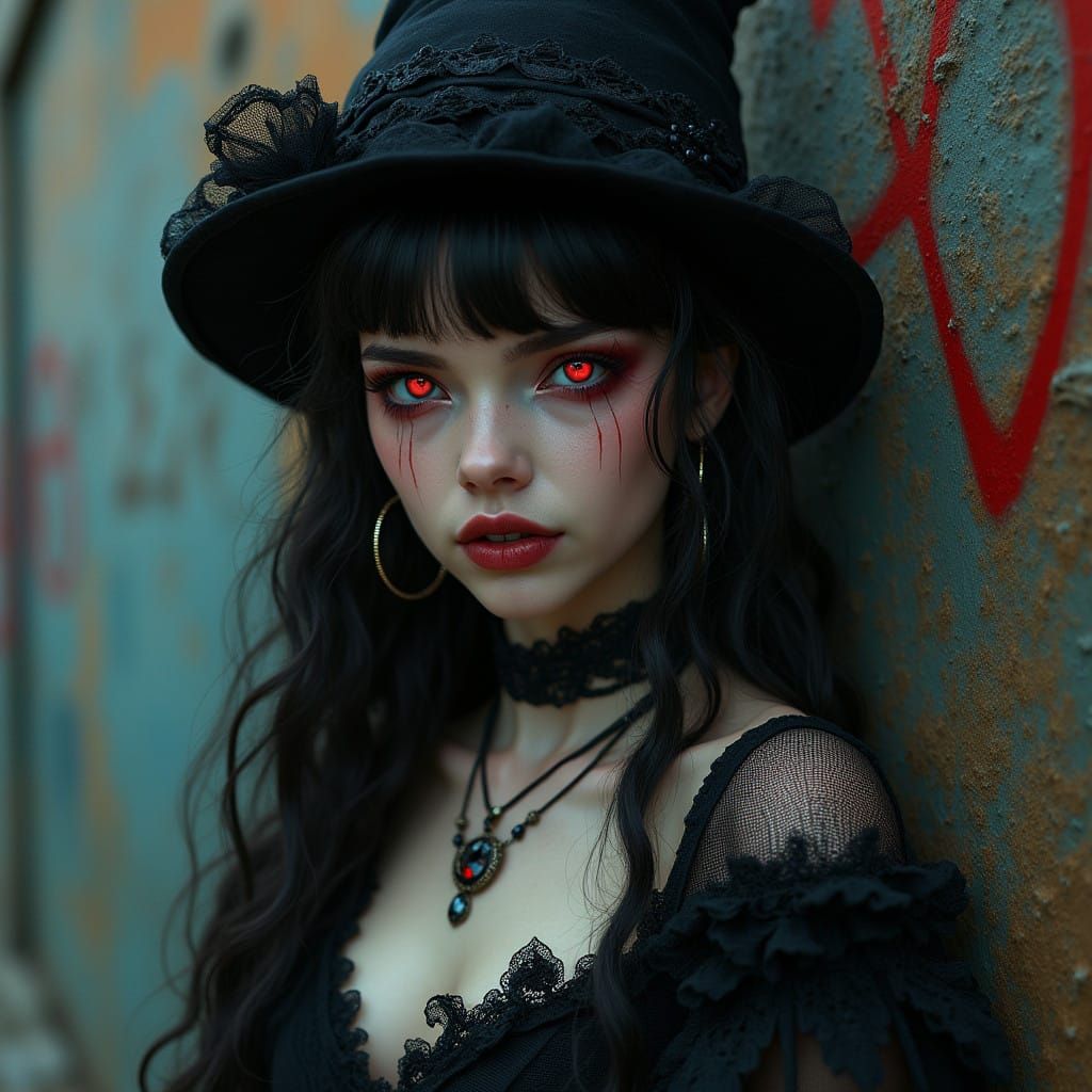 Ethereal Vampire Goddess in Gritty Urban Splendor - AI Art