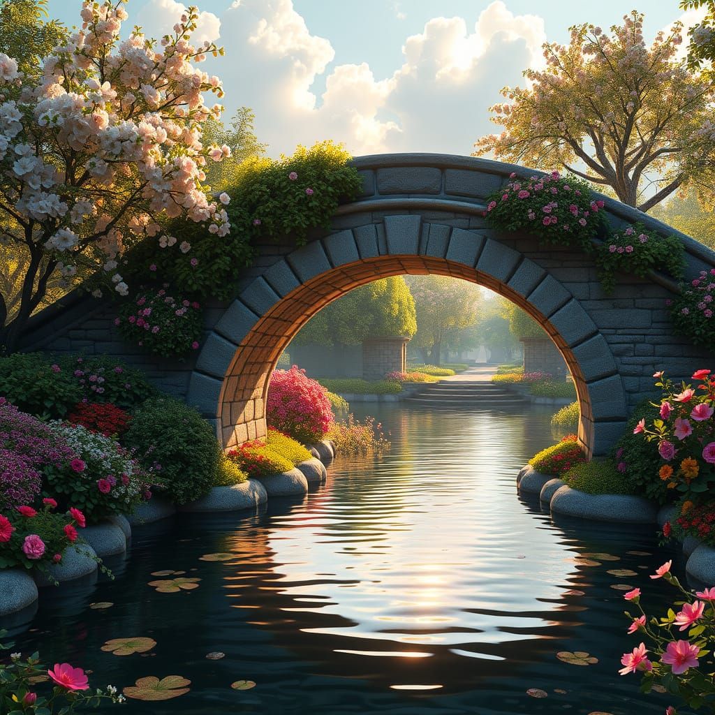 stone bridge - Whimsical Stone Bridge in a Fantastical Garde...