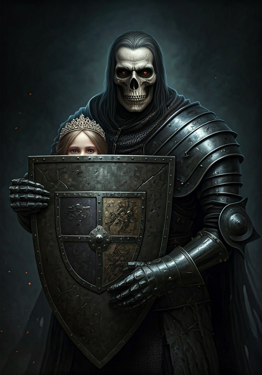 Tiny Princess in Ancient Armor, Held by Undead Kni... - AI Art