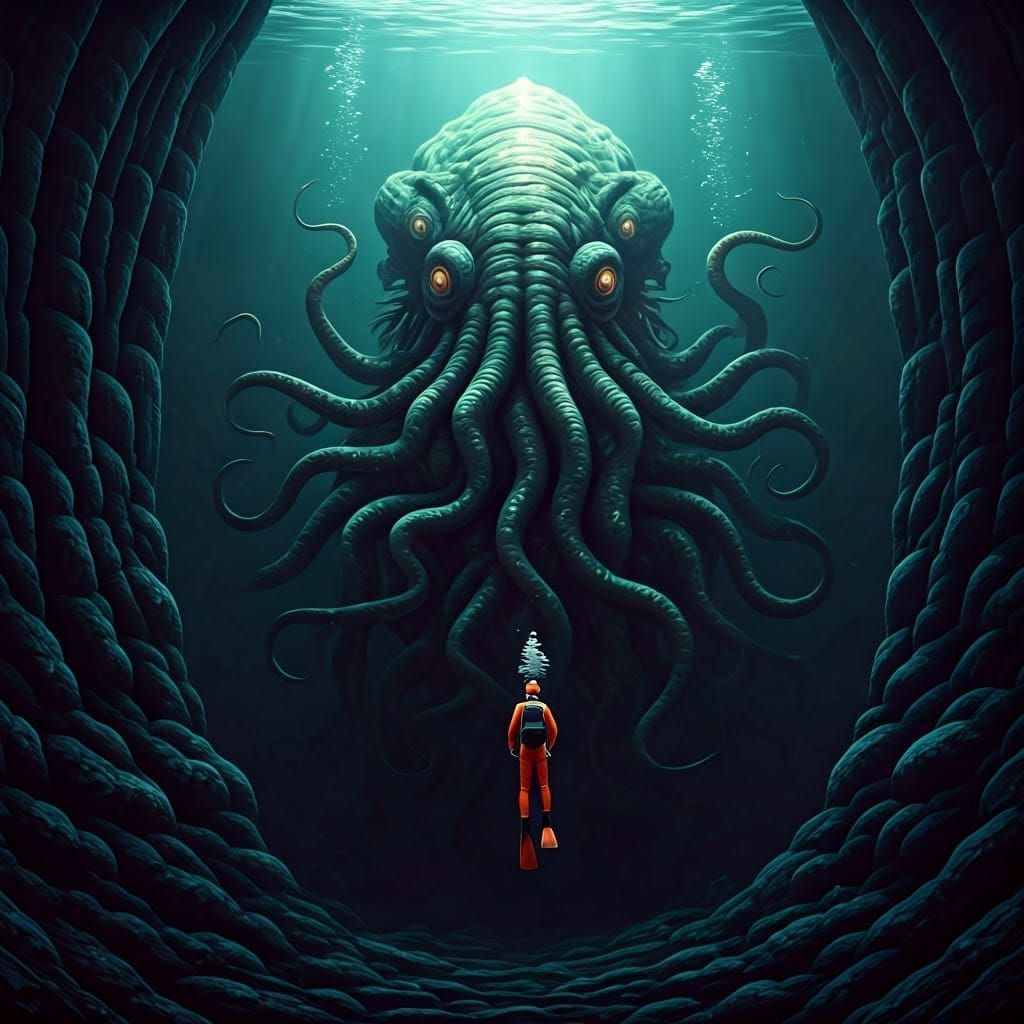 Cosmic Horror Sea Monster Looms Over Scuba Diver i... - AI Art