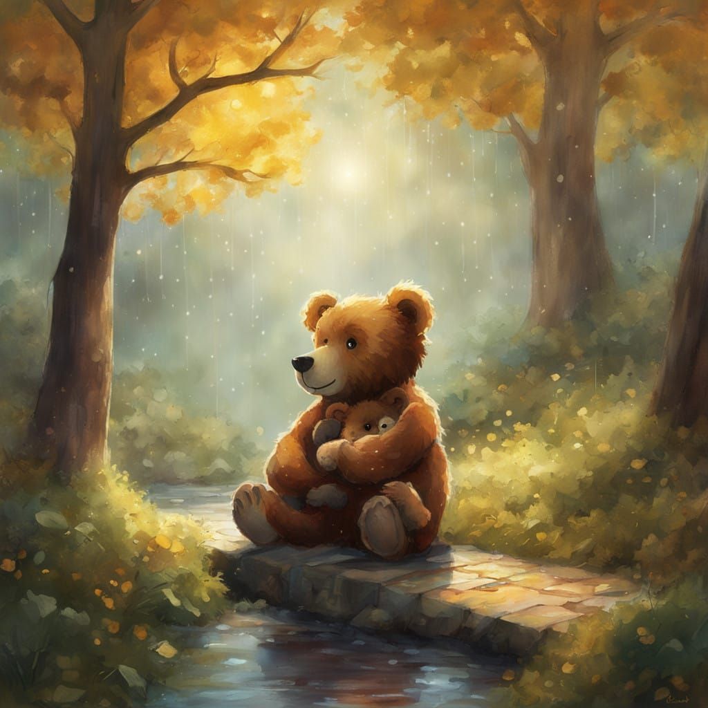 Charming Boy Hugs Teddy Bear in Idyllic Rainy Land... - AI Art