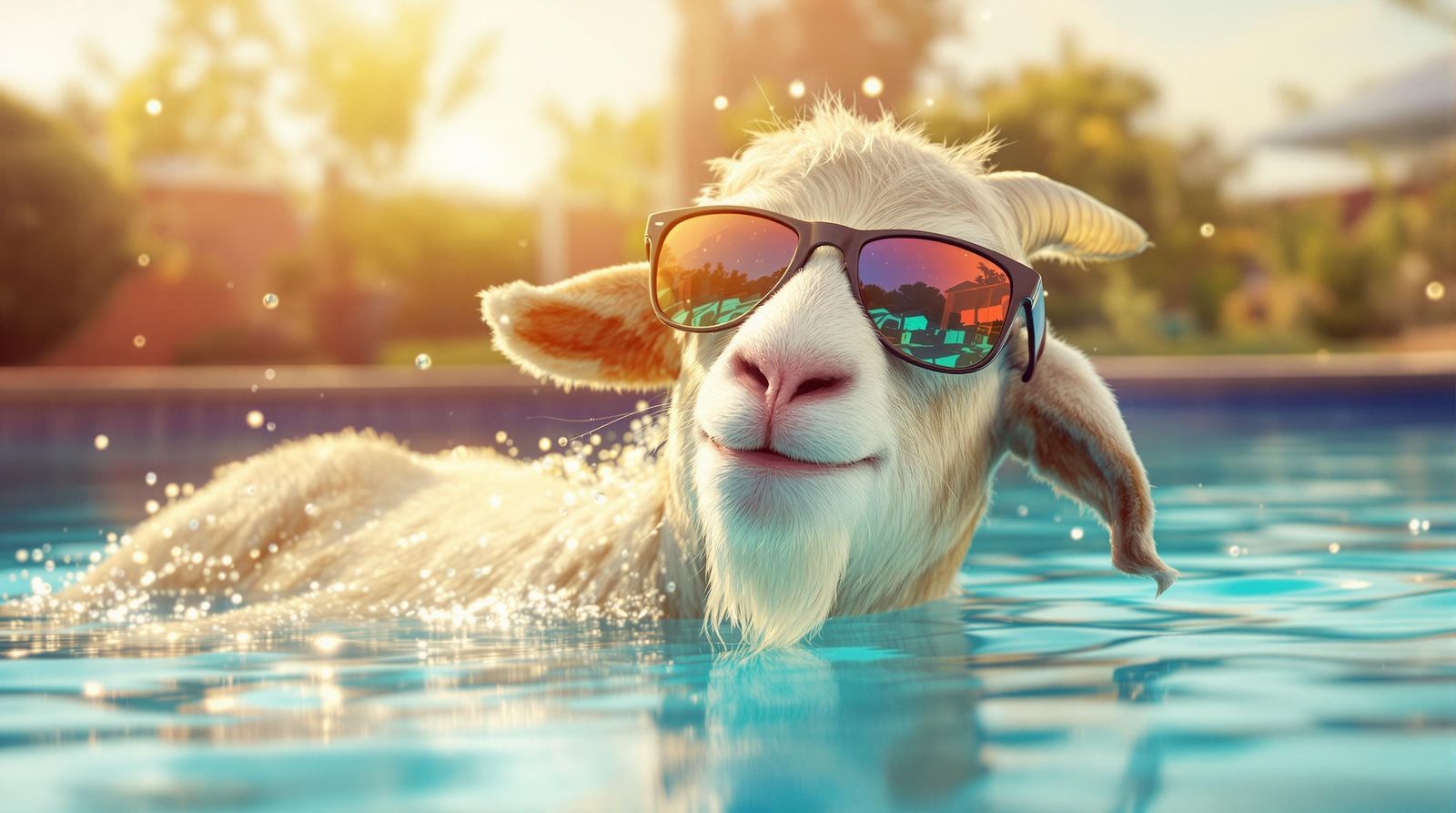 Whatever floats your goat. - Cheerful Goat Surfs Pool in Sty...