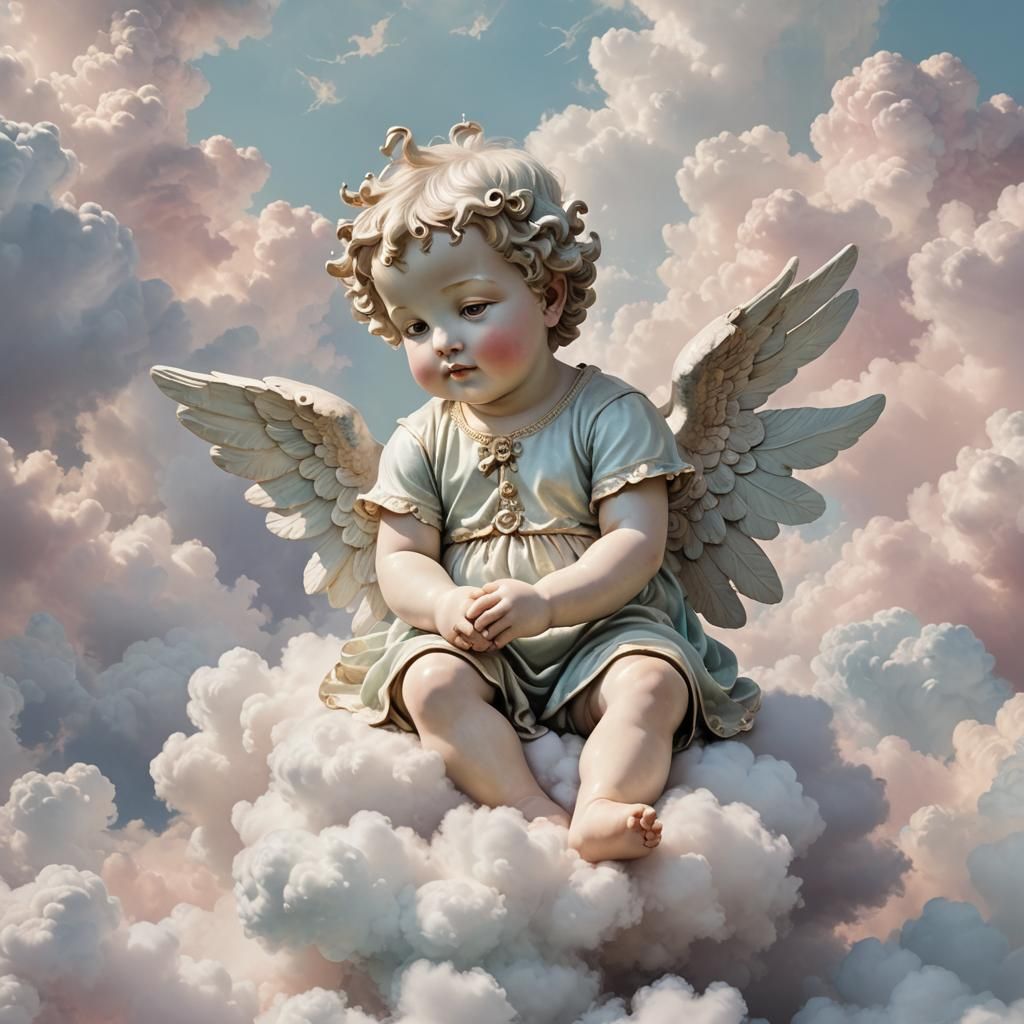 A cherub sitting in the fluffy cloud, ethereal layer of pastel clouds ...
