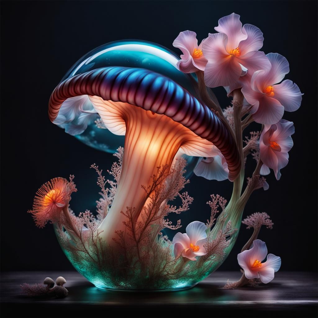 A glass conch shell containing bioluminescent jellyfish and flowers ...