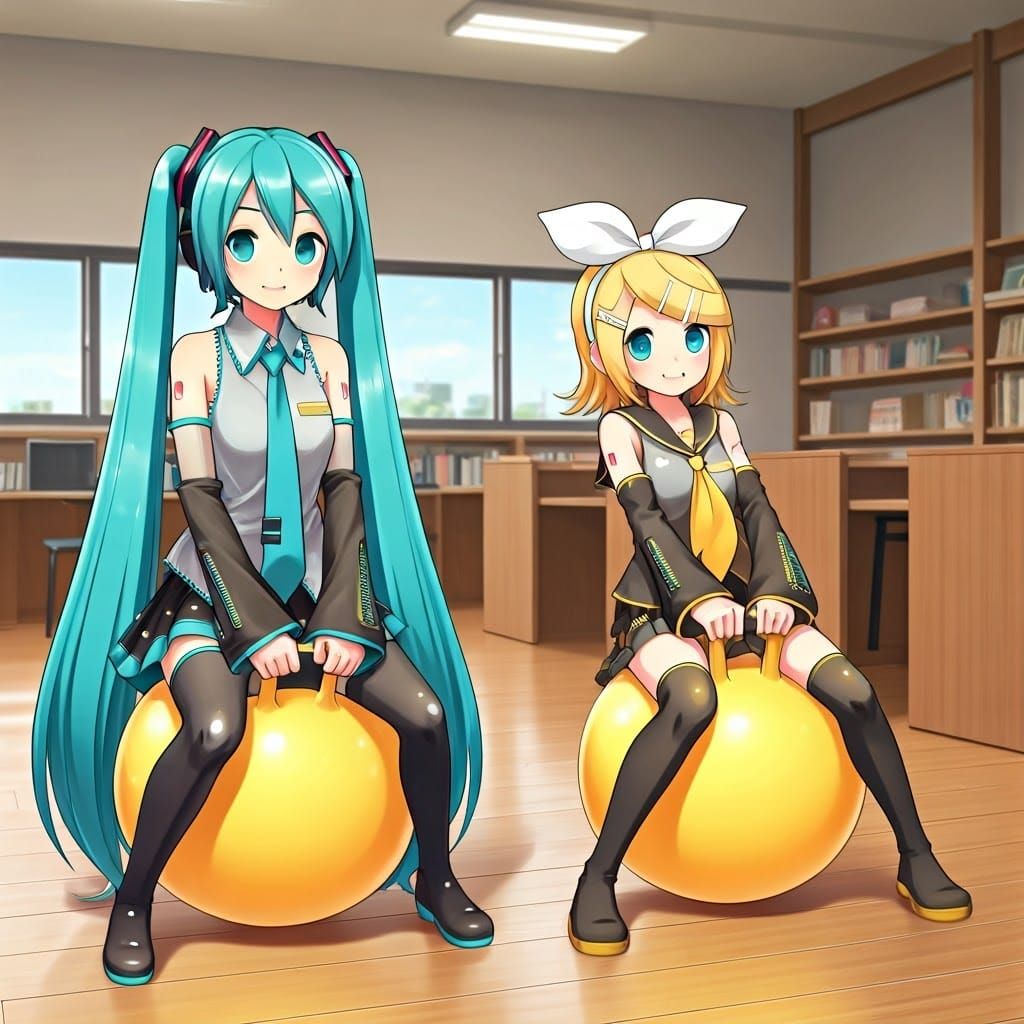 Vocaloid Idols Playfully Jumping on Classroom Hopp... - AI Art