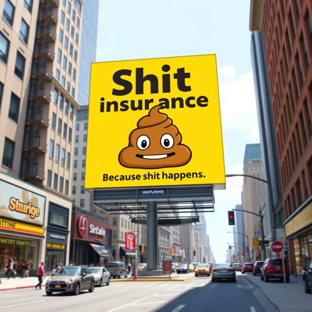 A massive "Shit Insurance - Because Shit Happens" sign with cartoon poo ...