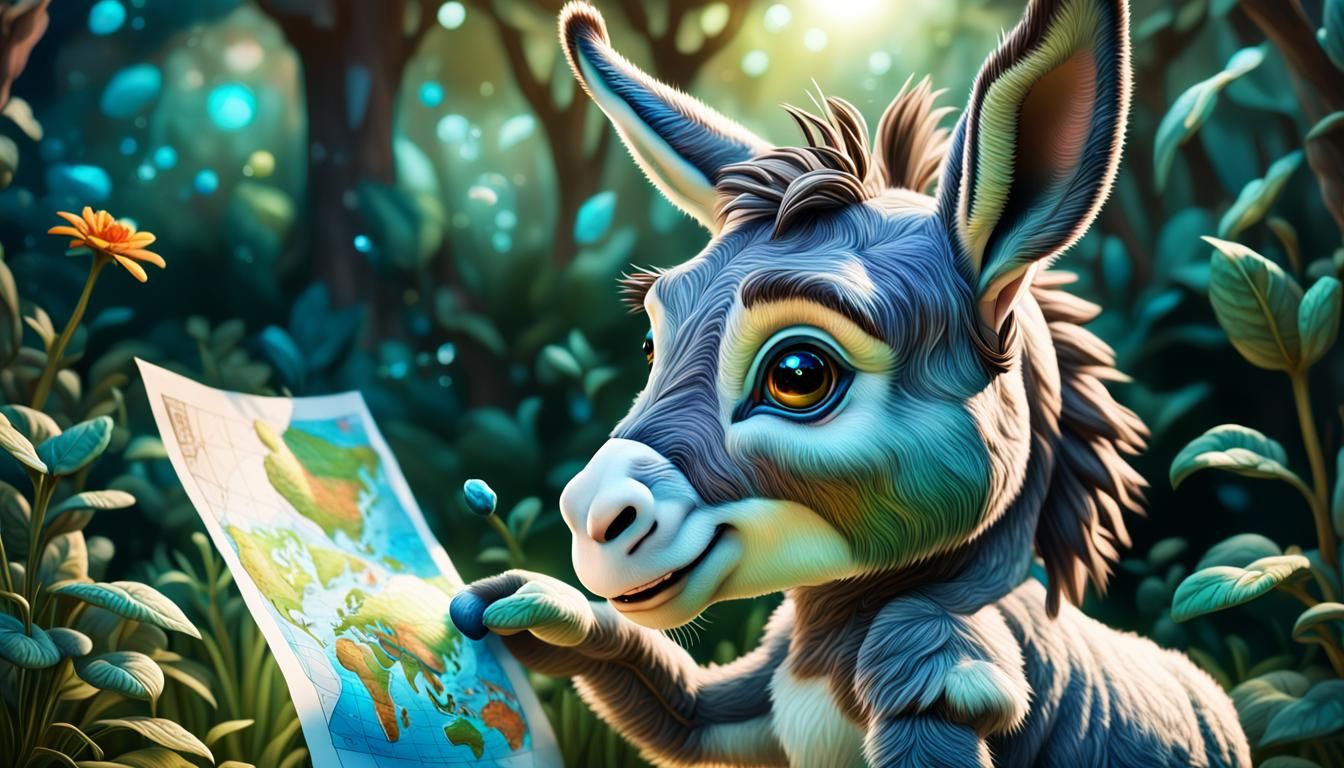 a little chibi donkey looks at a piece of paper with a map on it, in ...