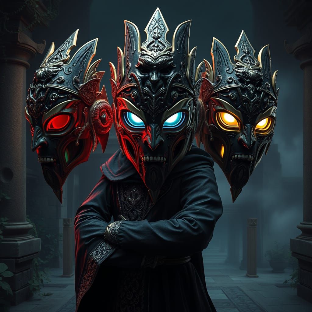 Ethereal Masks with Elaborate Etchings Depict Batt... - AI Art