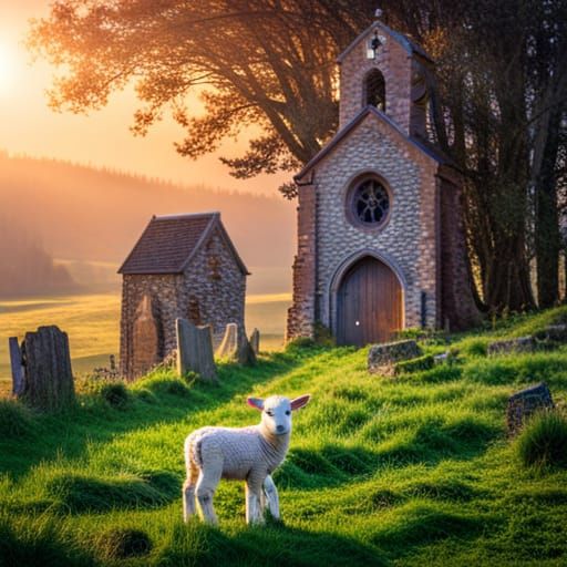 A lamb by a very mystical enchanted church chapel - AI Generated ...