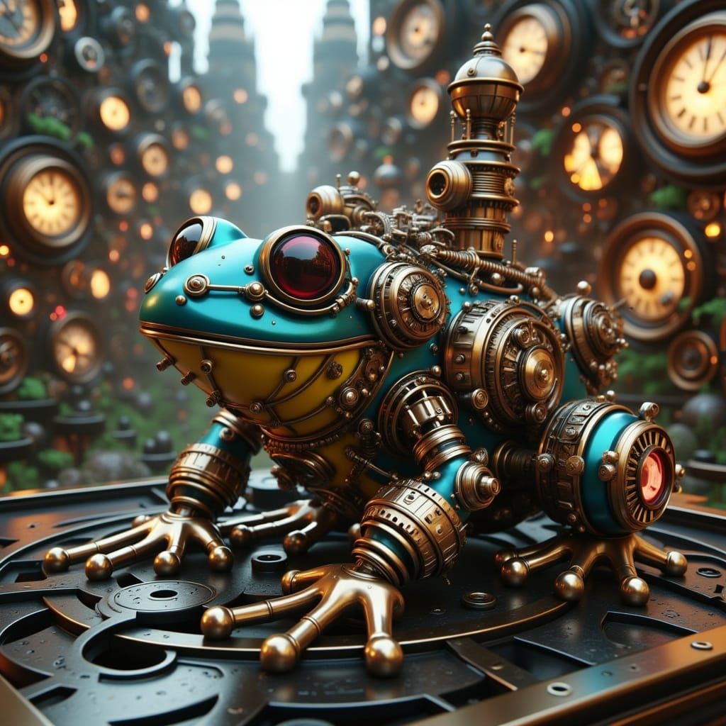 Mechanical frog with steam vents - Steampunk Frog with Poli...