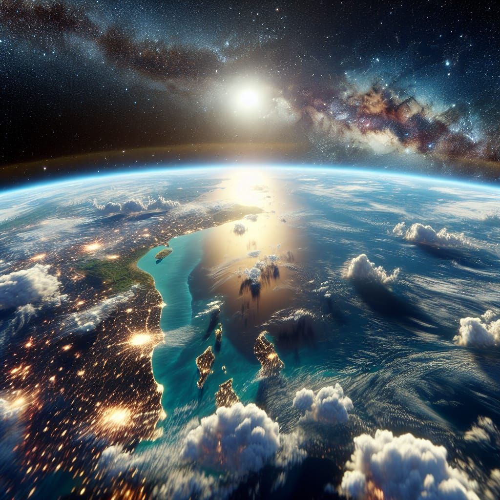 Aerial view, vivid colors under clouds on the ocean, Earth spread out ...