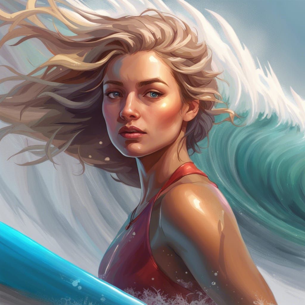 a beautiful girl on a surfboard, surfing toward the shore in the middle ...