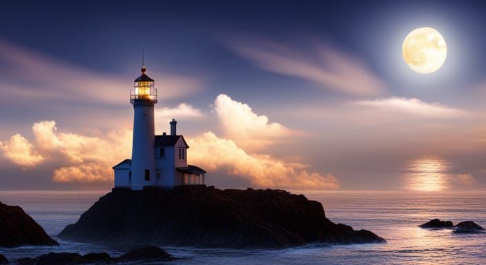 breathtaking moonlit lighthouse, full moon, peaceful mood, Epic ...