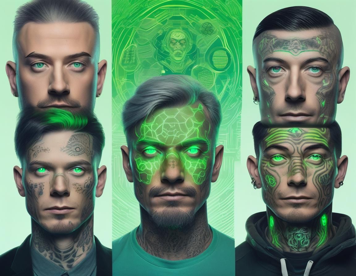 Portraits of a man with bio-modified features including glowing green ...