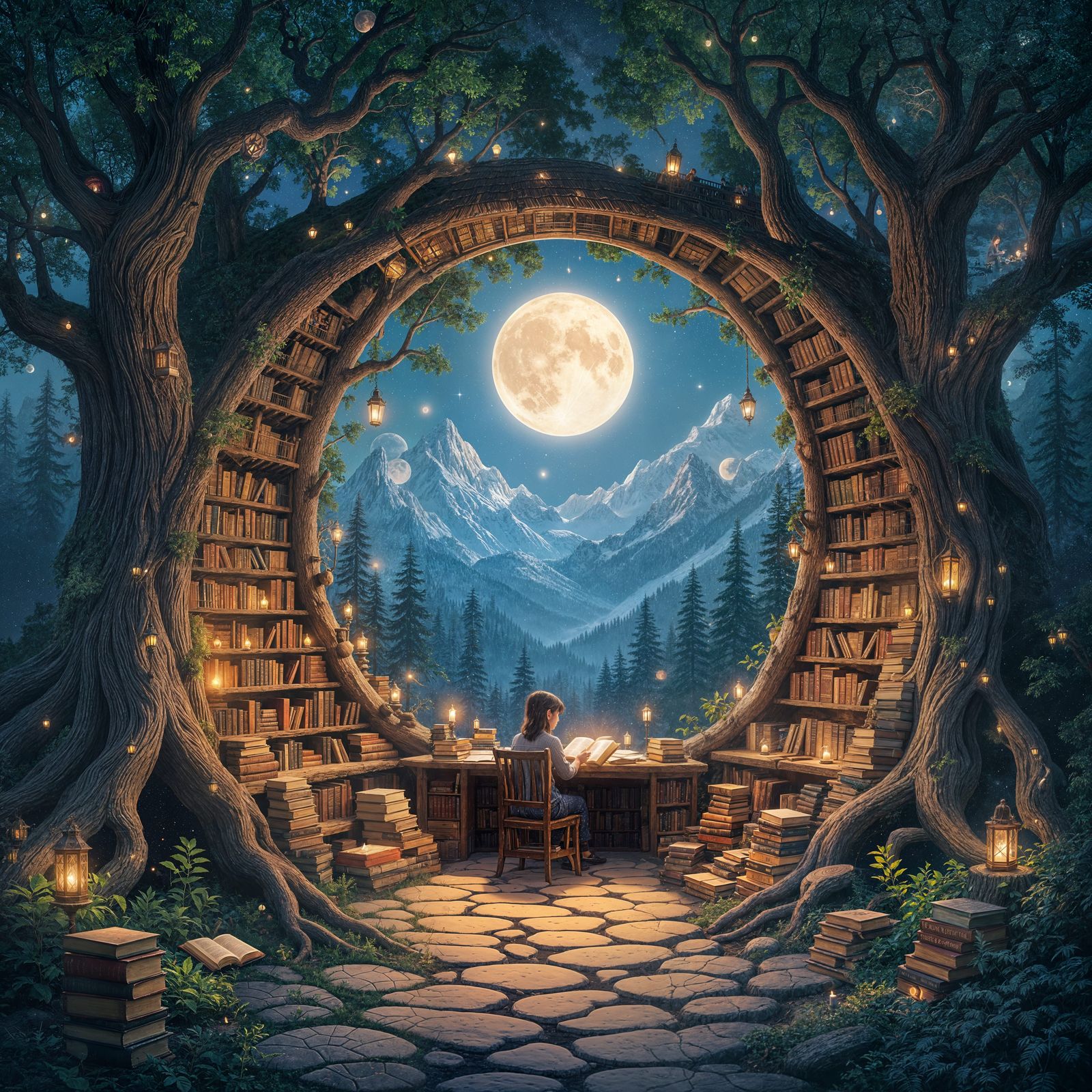 Whimsical Forest Library at Night in Enchanted Woo... - AI Art