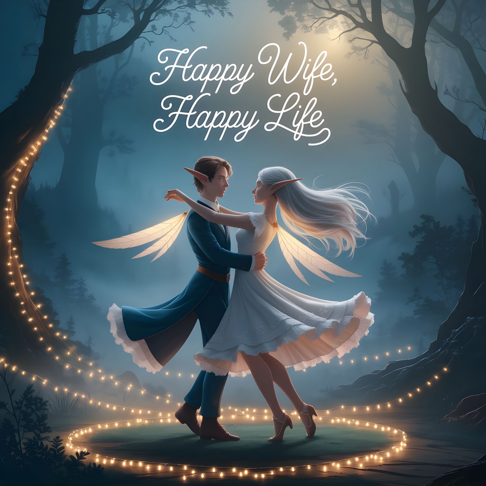 Dancing Elves in Ethereal Forest with Quote - AI Art