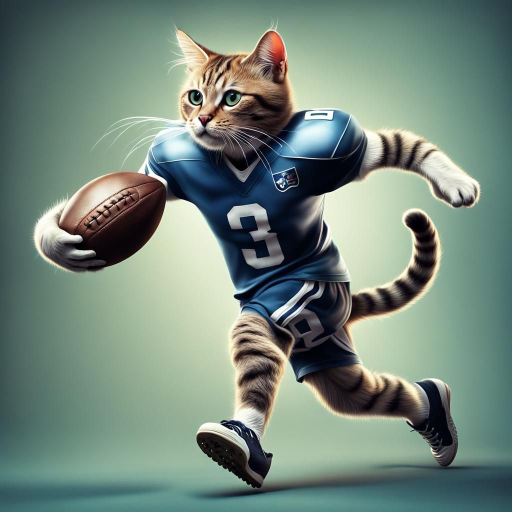 Beautiful cat playing football. He wears a football jersey, shorts and ...