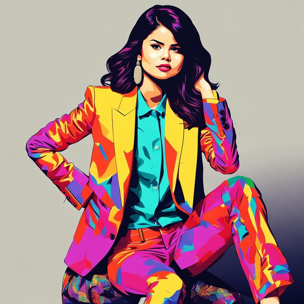 Pop art rendition of selena gomez wearing bright pantsuit with matching ...