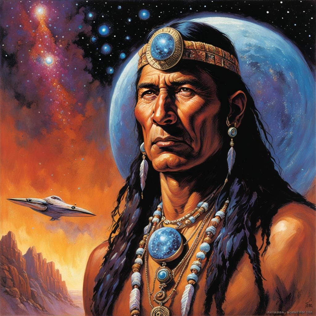 Native American sorcerer wearing a huge geode amulet with a universe ...