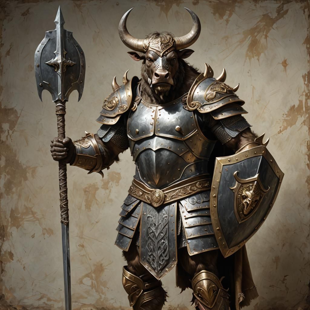 Hyperrealistic full body portrait of a minotaur(bull head) covered in ...