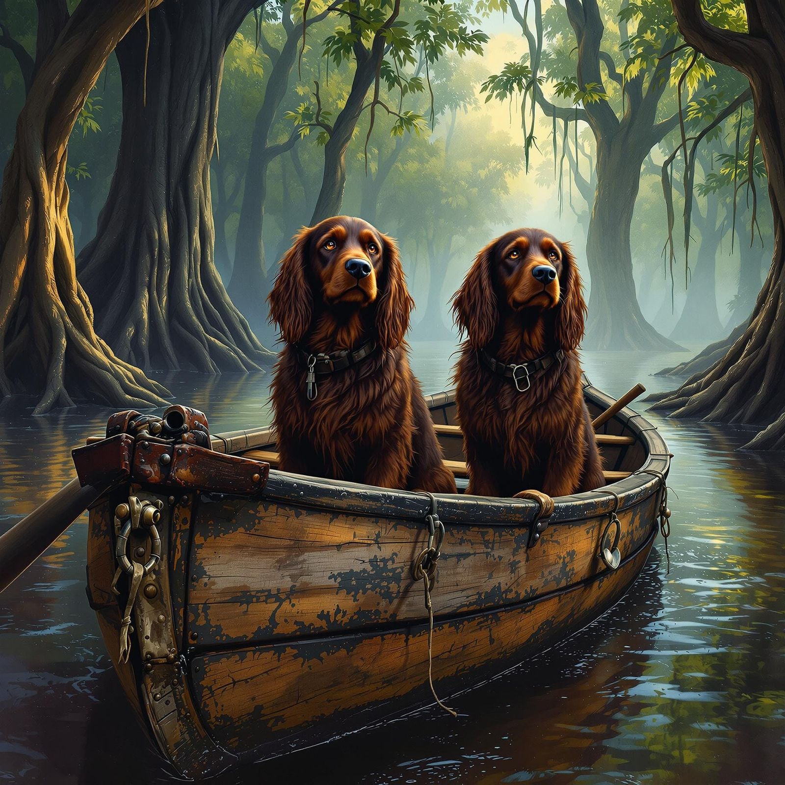 Russian Hunting Spaniels in a Dramatic Swamp Boat ... - AI Art