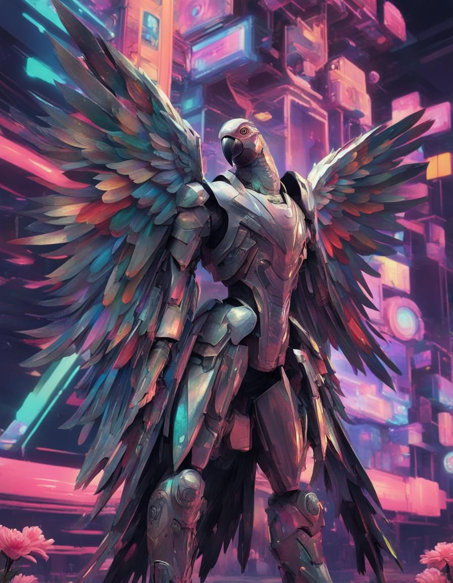 (intricately detailed futuristic artwork of a humanoid cyberpunk parrot ...