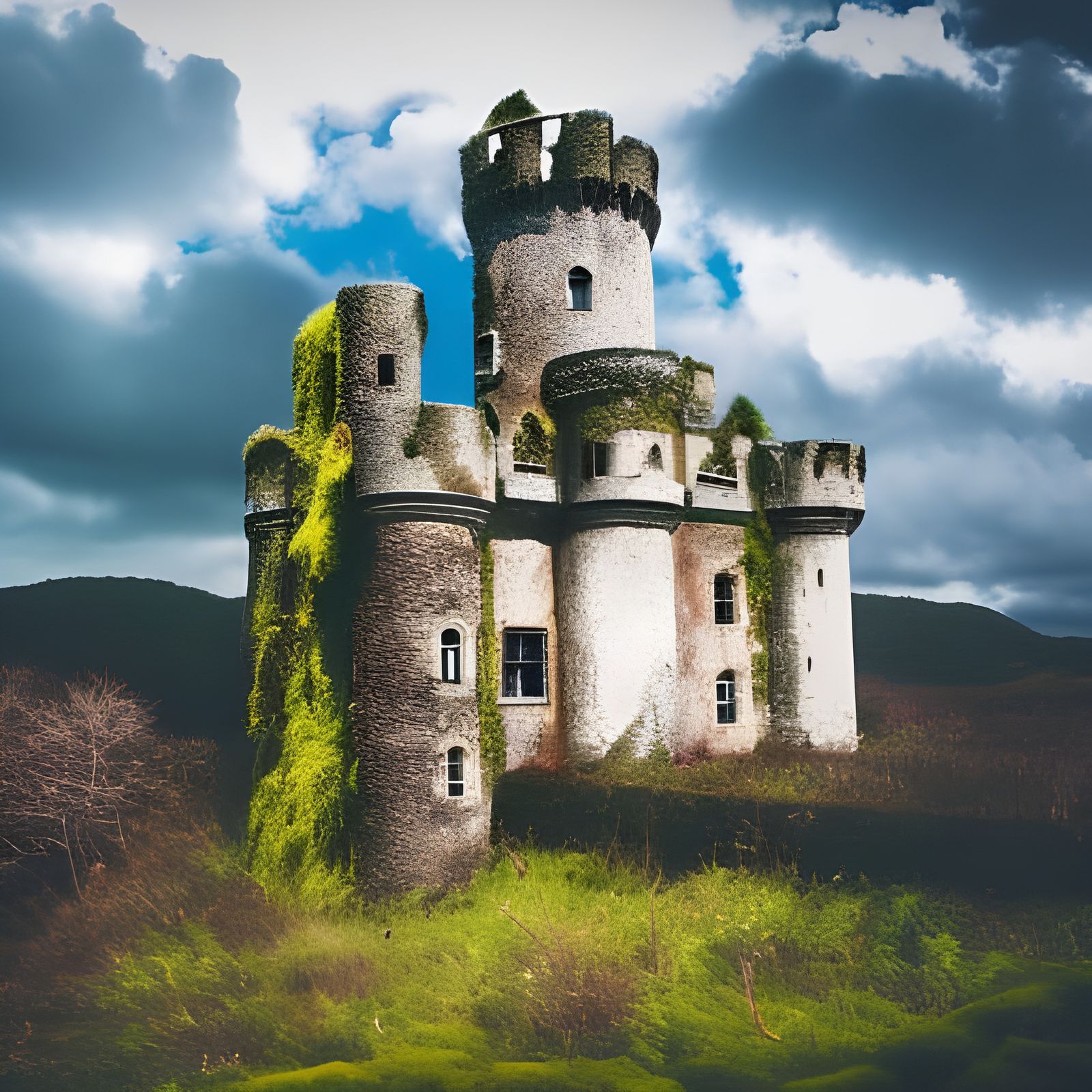destroyed abandoned castle covered in moss and vines after a battle ...