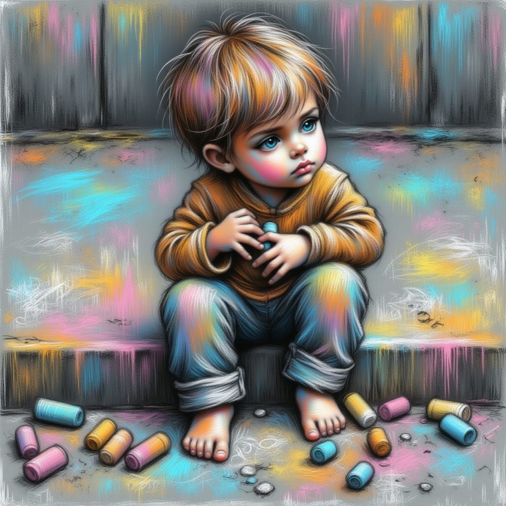 hyper realistic coloured chalk drawing of little boy sitting on a curb