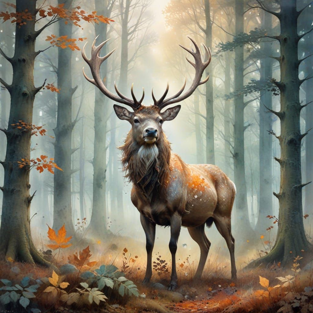 Surreal Autumn Landscape with Majestic Stag in Wat... - AI Art