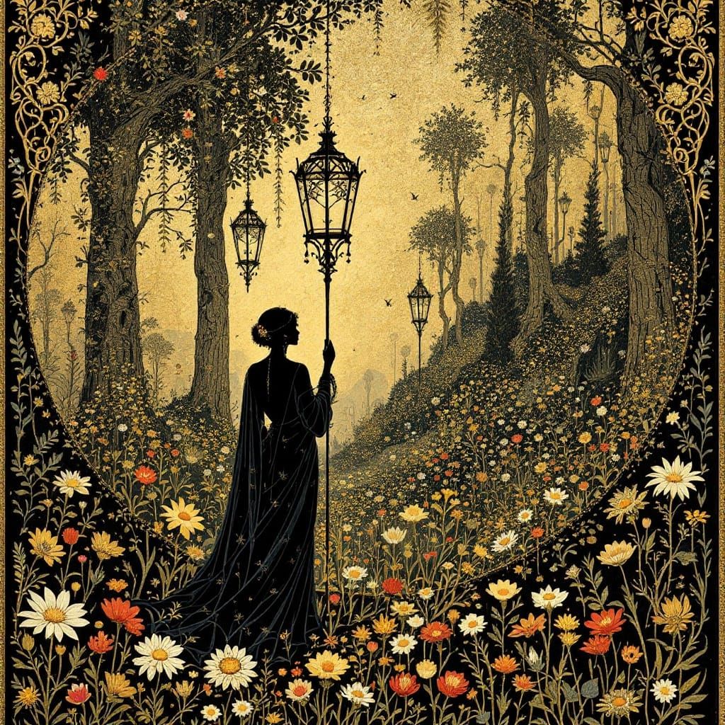 Lanterns and Flowers - Ornate Floral Illustration in Art Nou...