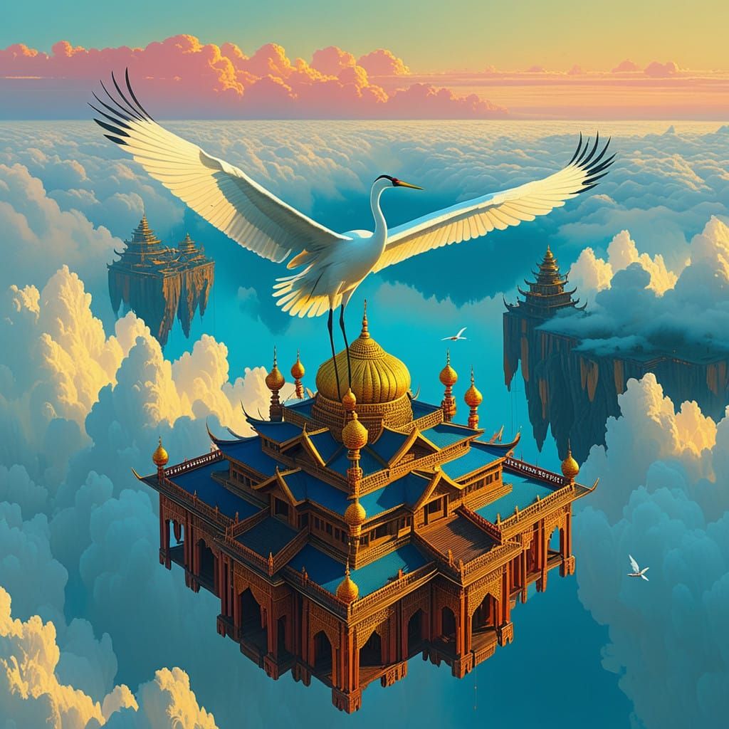 Ancient Indian Flying City Soars Above Clouds with... - AI Art