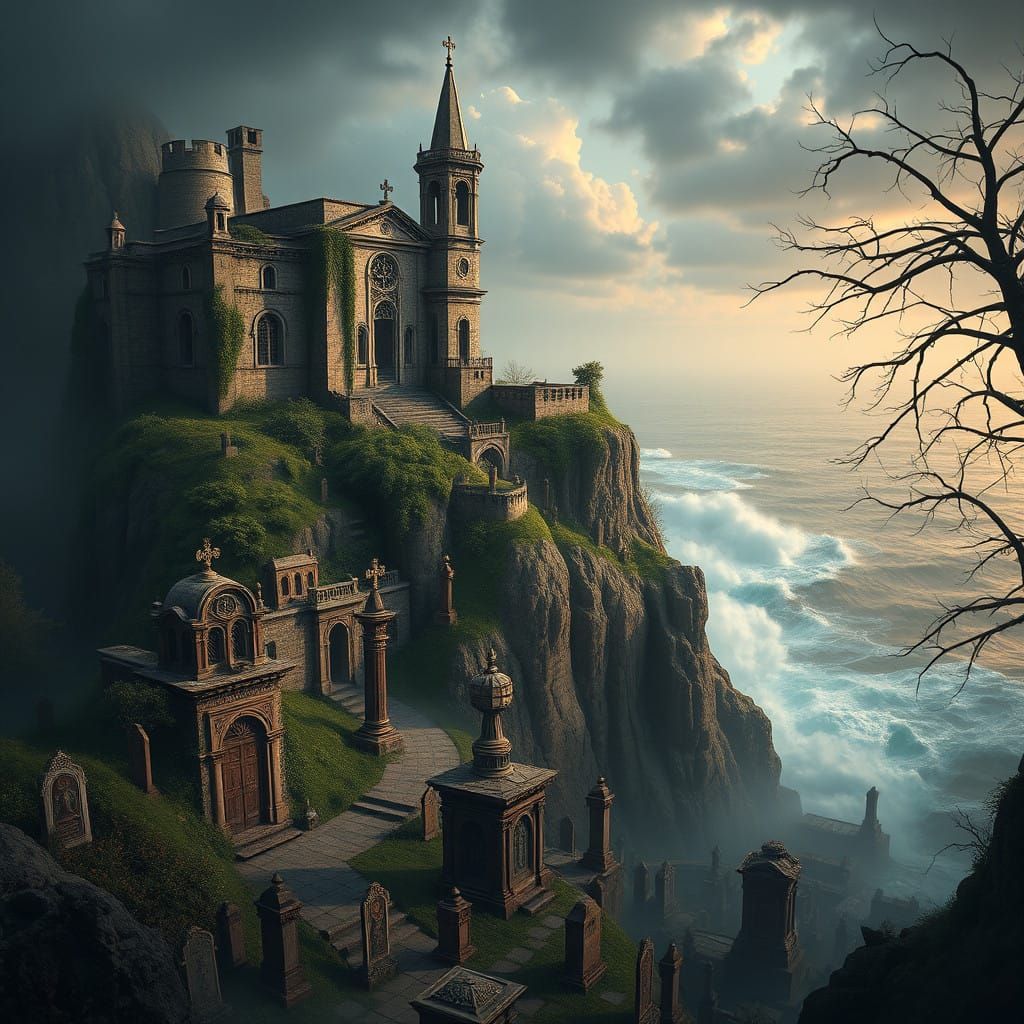 Ancient Monastery Ruins Cliffside Cemetery - AI Art