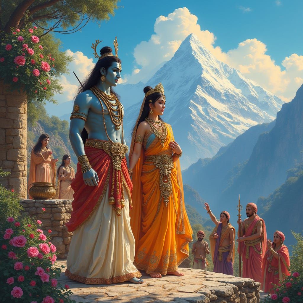 Shiva and Parvati's Divine Himalayan Wedding - AI Art