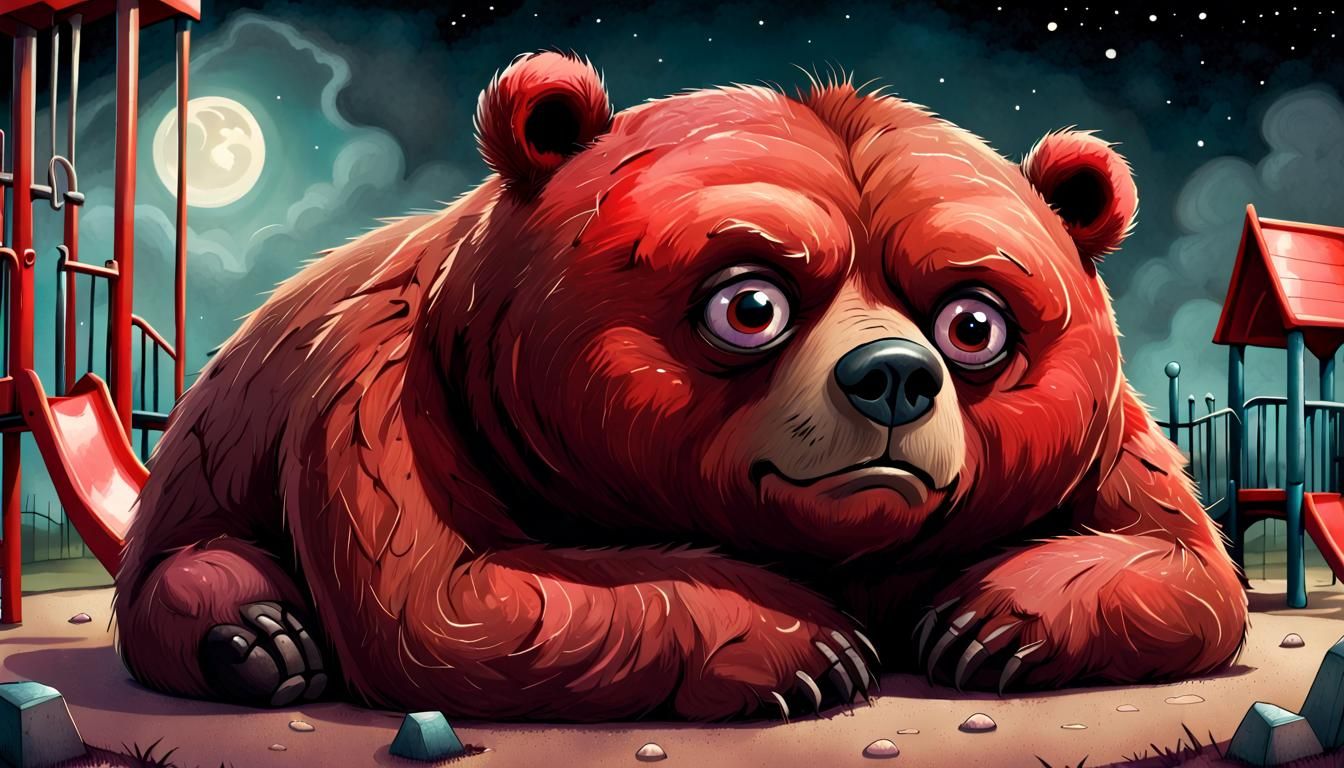 Grumpy Bear Wakes in Playground, Wide Eyes Frowns - AI Art