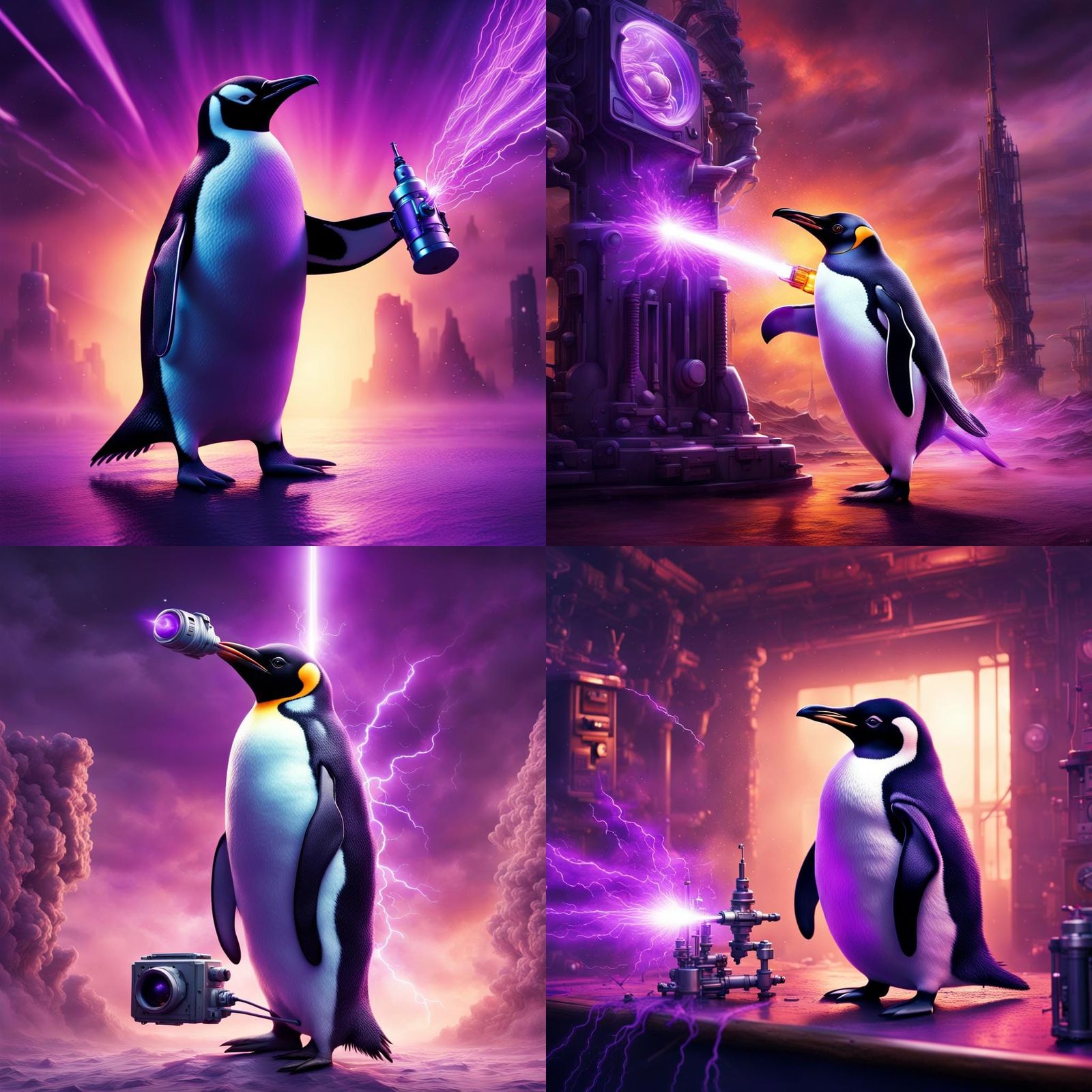 a penguin is being zapped with a purple ray from a raygun science ...