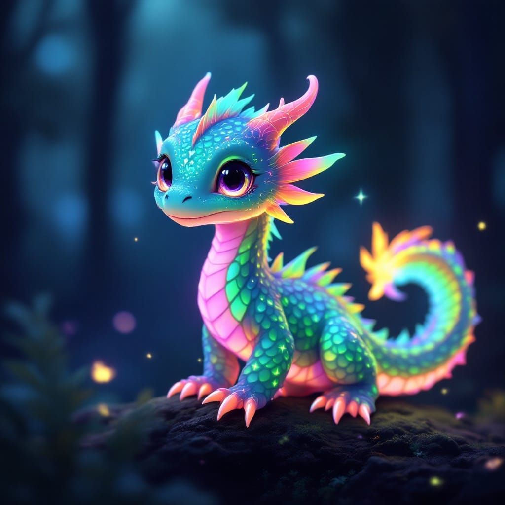 Whimsical Dragon Radiates Enchanted Glow in Neon H... - AI Art