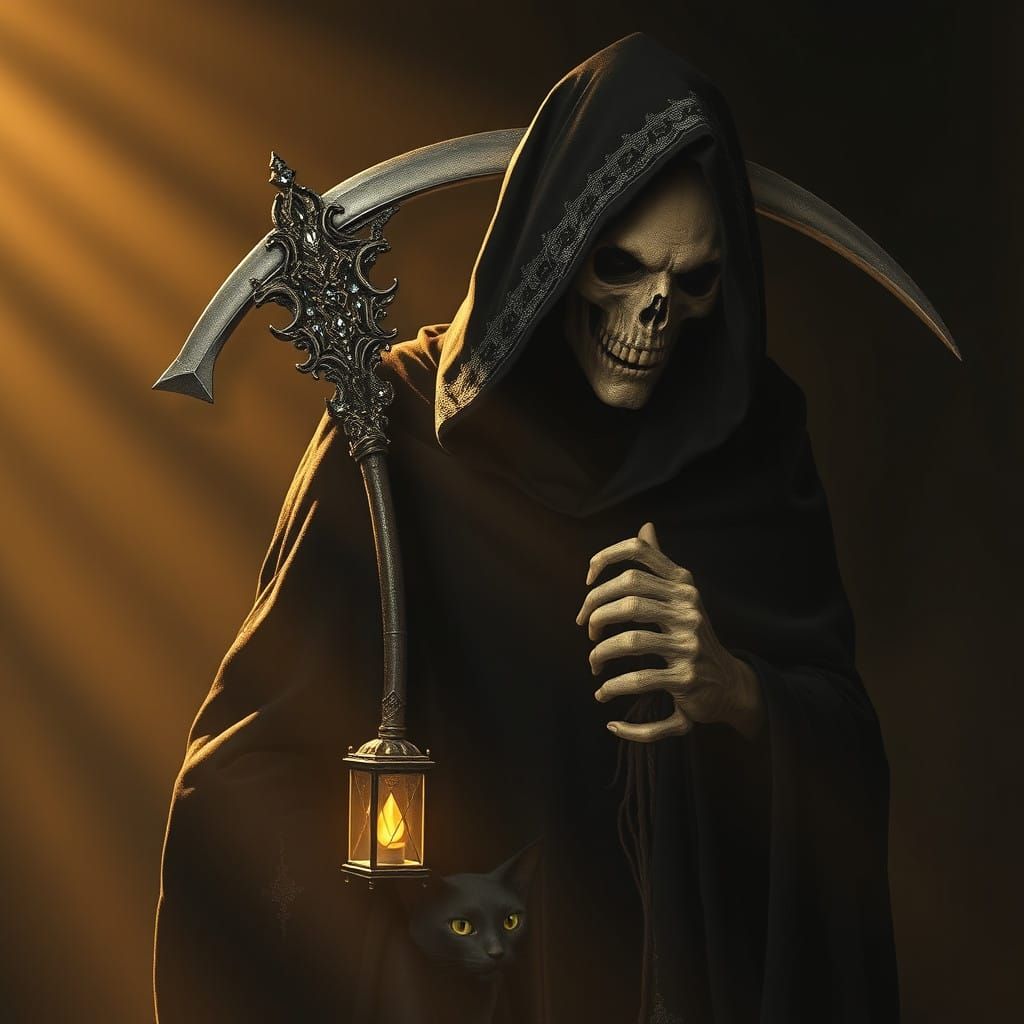 a grim reaper walking with his cat - Majestic Grim Reaper Wa...