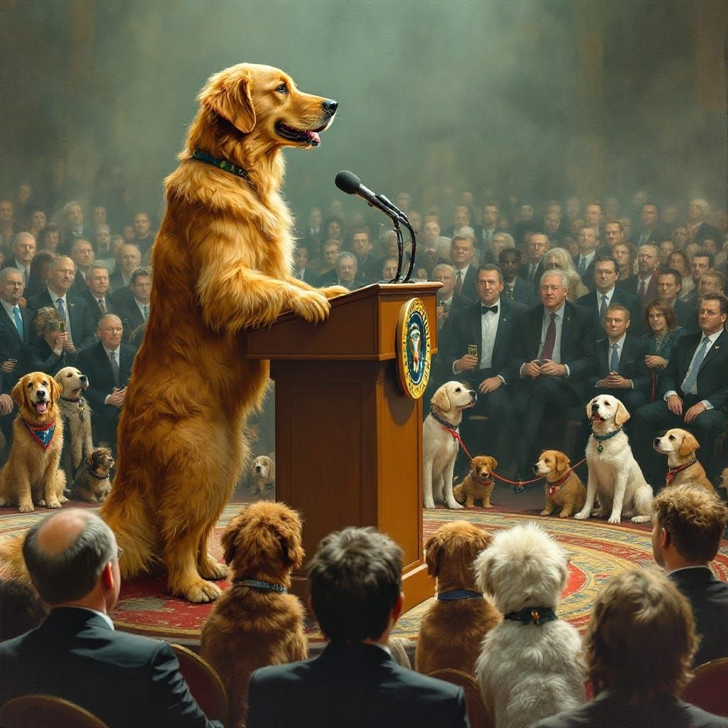Canine President Addresses Nation of Dogs in a Wor... - AI Art