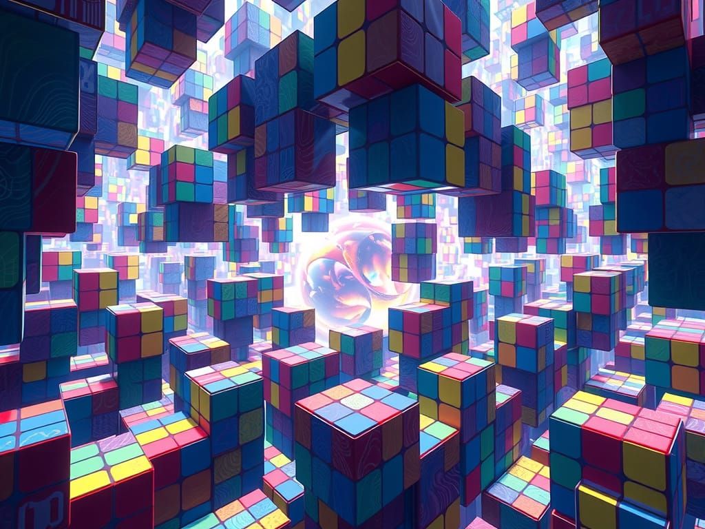 A chimerical world created from rubik's cubes, a hyper-detailed image, a universe made of rubik ...