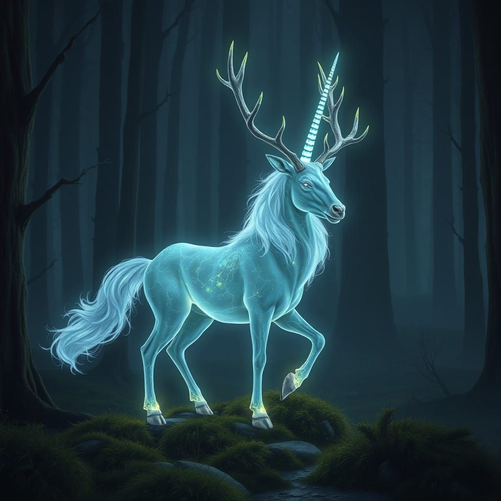 Luminous Forest Stag with Unicorn Horn - AI Art