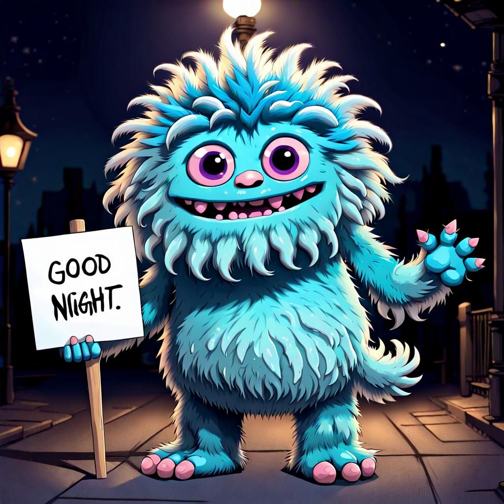 Cute fluffy monster holding a sign writing (good night:2.4) accurate ...