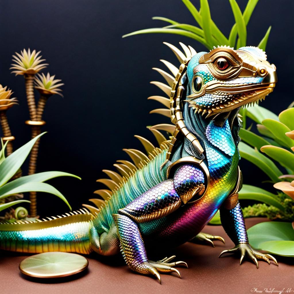 Steampunk Cyborg Pet Iguana, metallic scales, stylized iridescent ...